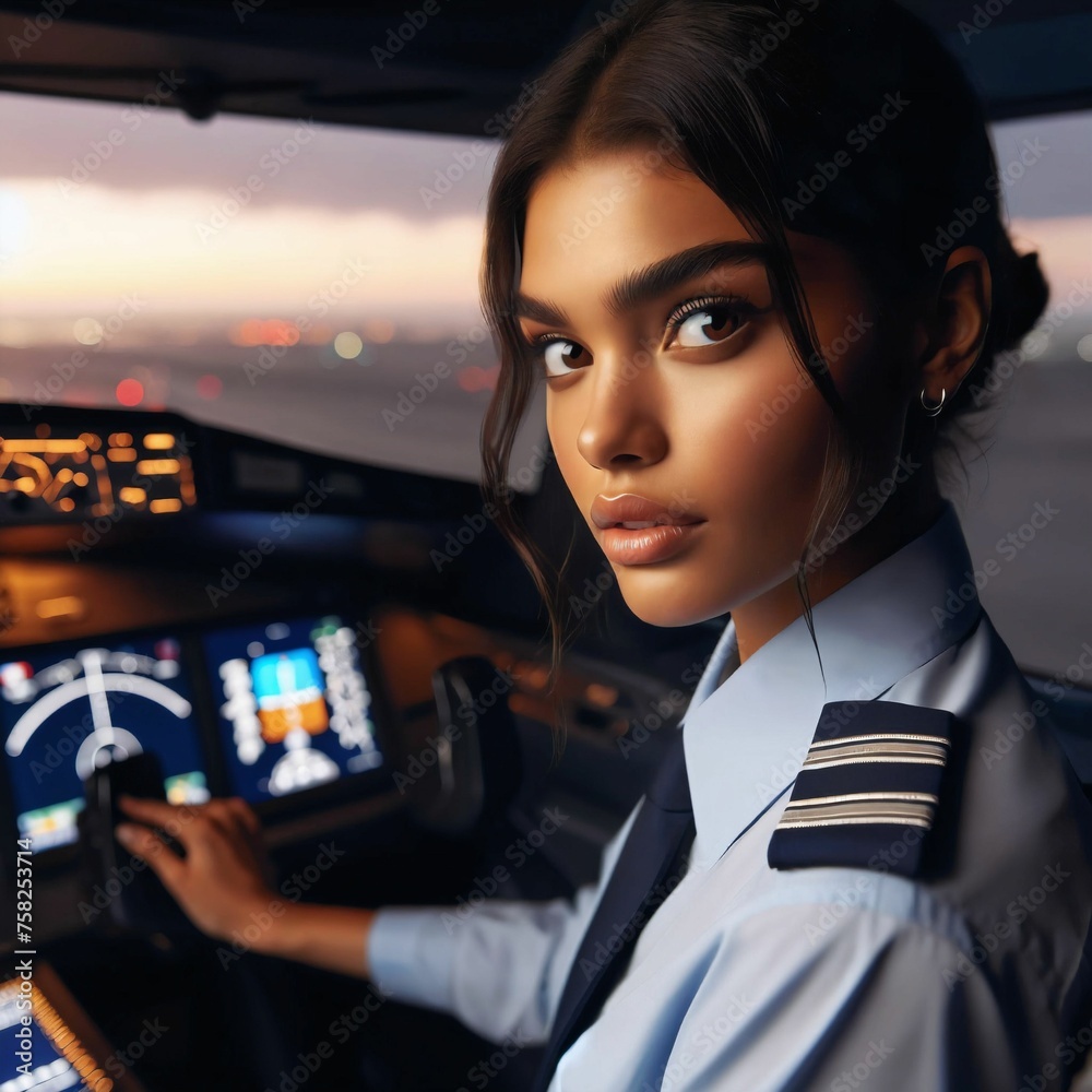 Female pilot or first officer seated in the flight deck. Female pilot ...