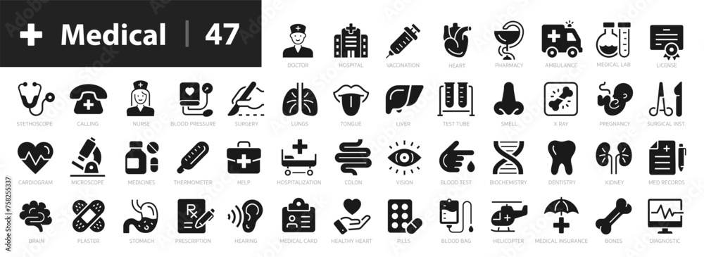 Medecine flat icons set. Medical and Health 47 icons collection. Doctor ...