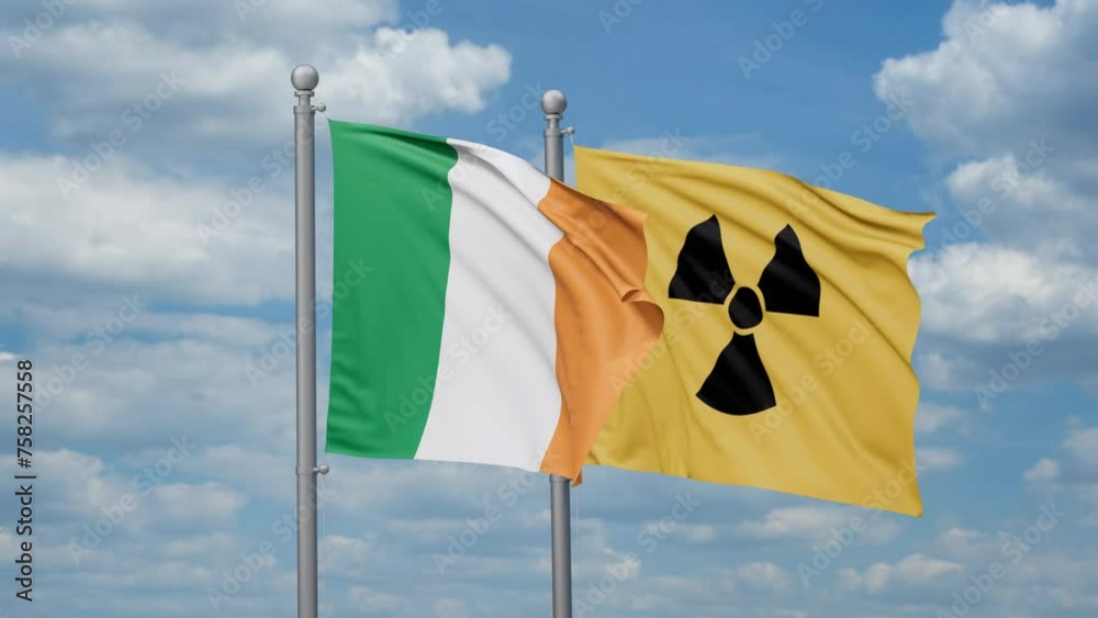 Ireland and Radiation danger flags waving together on looped video ...