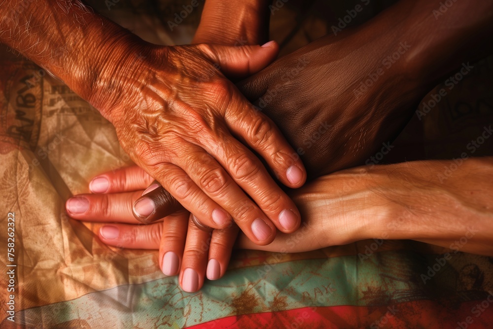Close-up of hands, of different ages and ethnicities, joined together ...