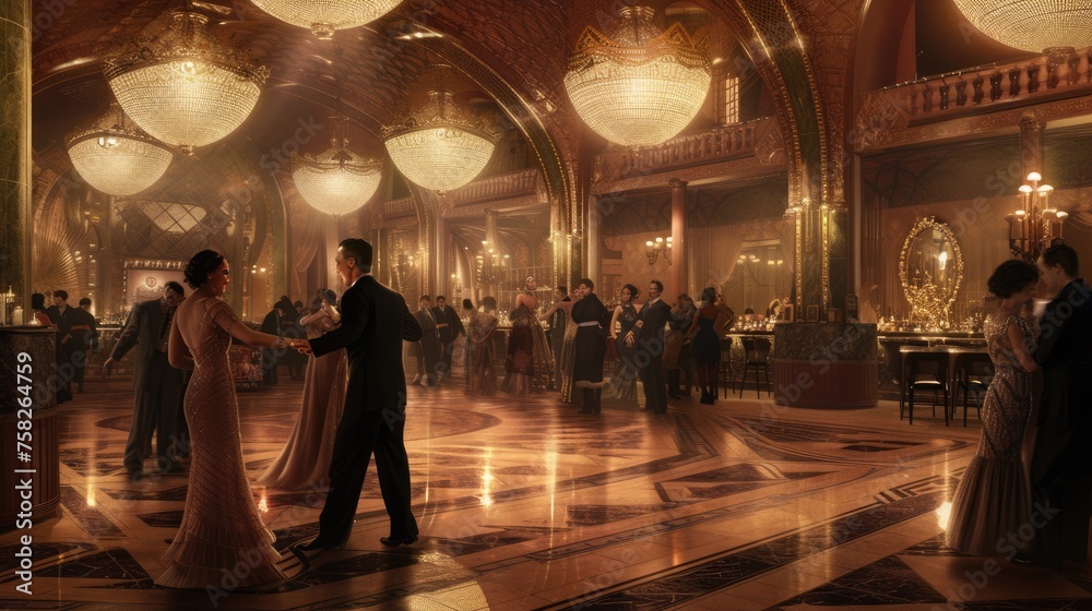 An art deco inspired ballroom from the 1920s, with elegant dancers and ...
