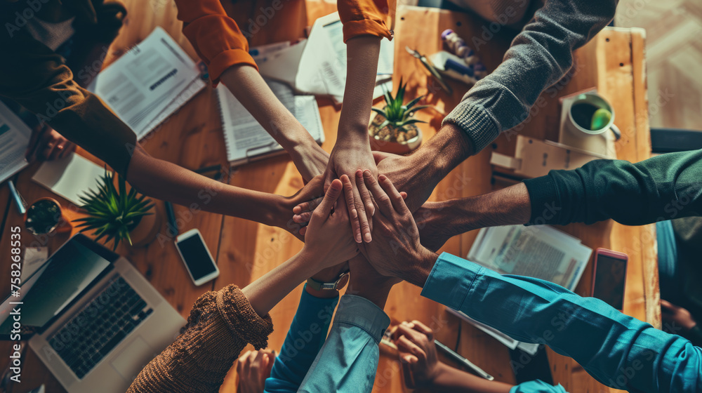 Group of people's hands joined together in the center of a table filled ...