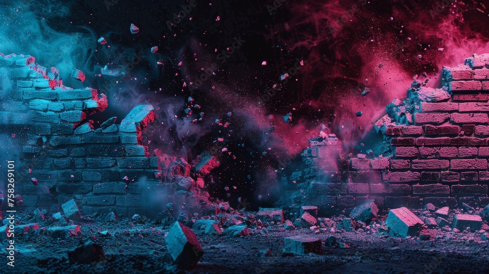 painting of realistic neon red and blue brick wall crumbling apart ...