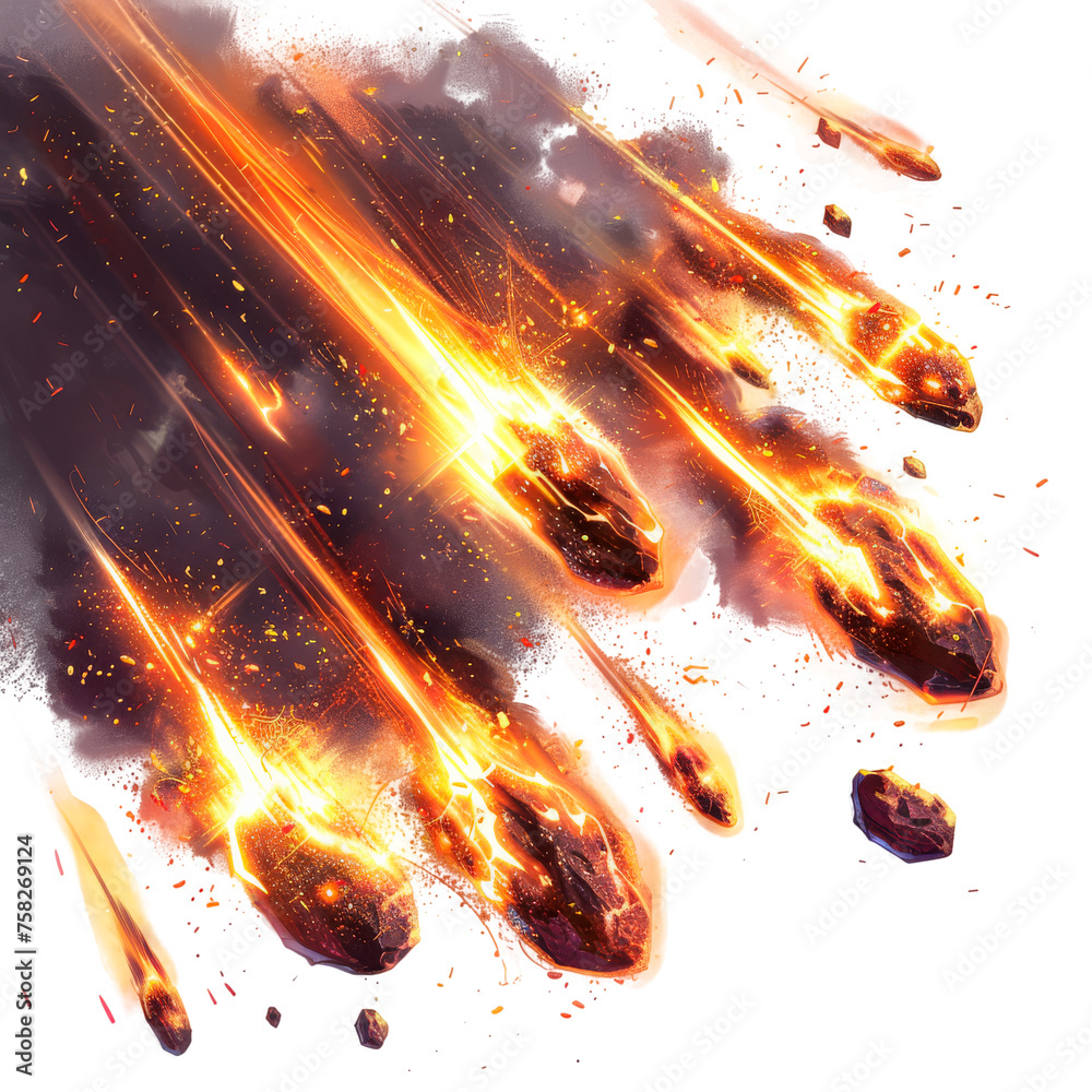 Fiery Meteor Shower Display Against a Stark - Transparent background ...