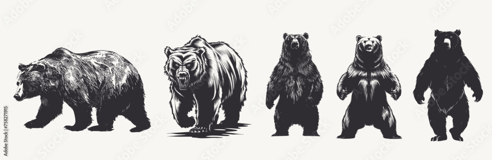 Silhouette set of bear poses, Generative Ai Stock Vector | Adobe Stock