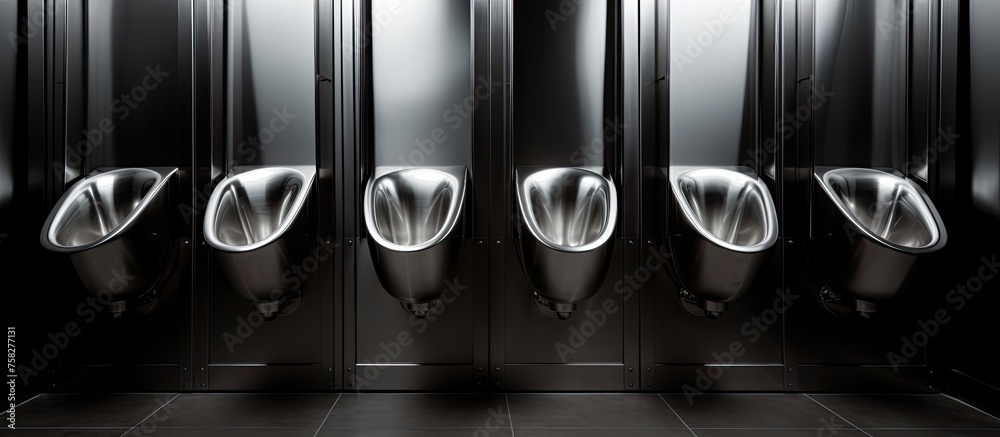 A row of urinals suspended from the ceiling in a public restroom ...