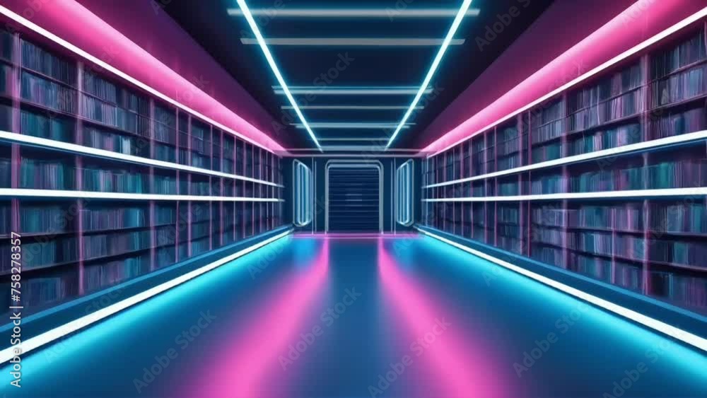 A colorful library in futuristic neon style and copy space area ...