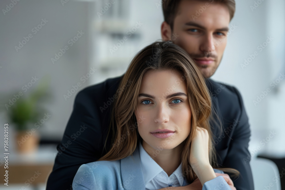 Concept of harassment. Male executive hugs female employee's in an ...
