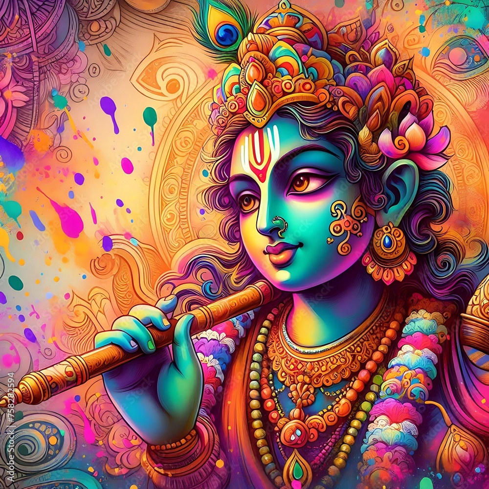 A colorful illustration portraying Lord Krishna during the Holi ...