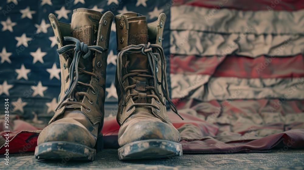 A pair of old military boots were on the red and white American flag ...
