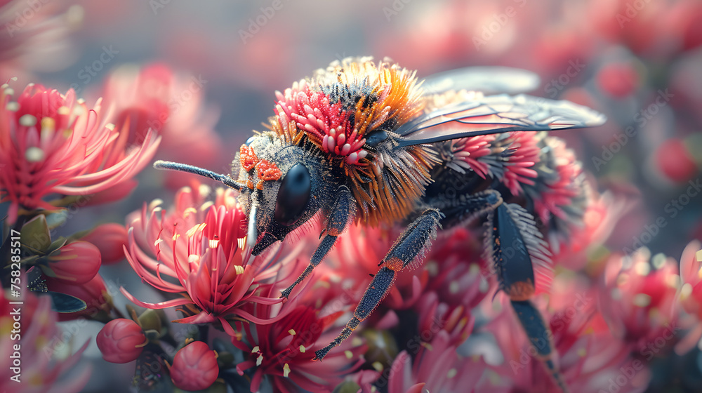 This striking image captures a vivid bee pollinating bright red flowers ...
