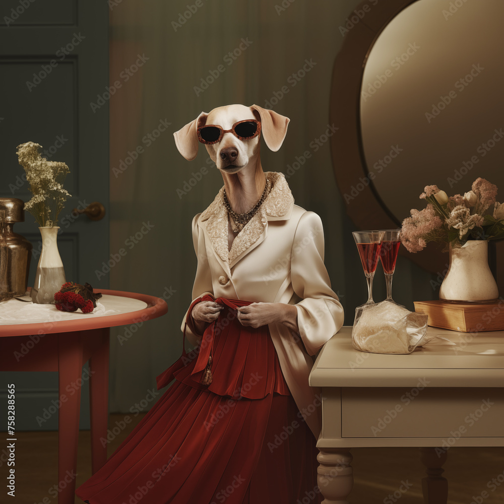 Beautiful cute princess dog in long light dress walks through corridors ...