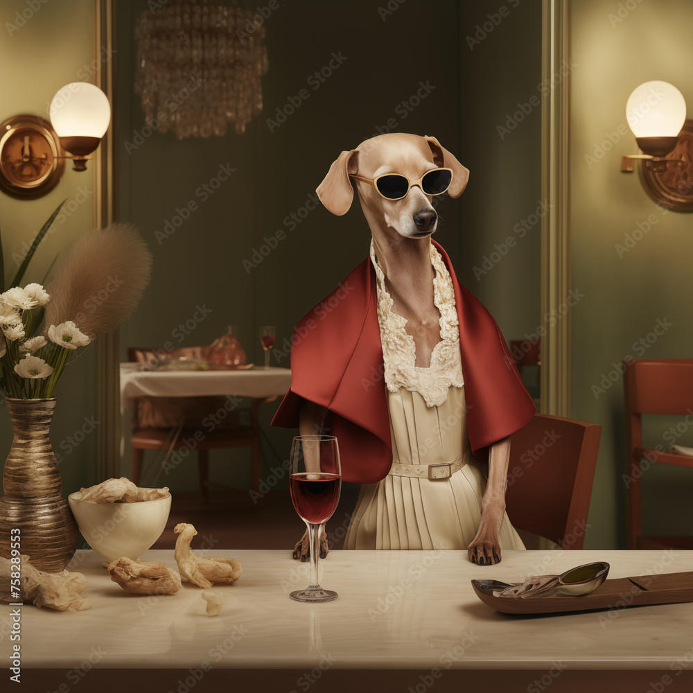 Beautiful cute princess dog in long light dress walks through corridors ...