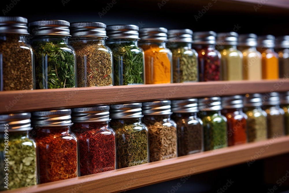 A close-up view of a neatly organized spice rack, with rows of glass ...