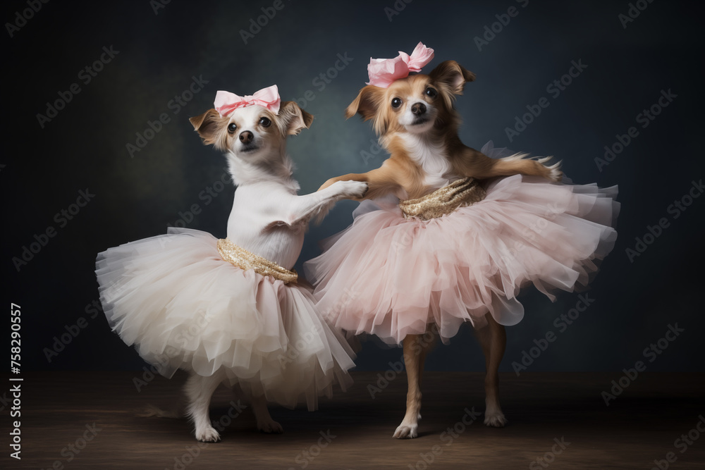 humor. funny faces of chihuahua dogs. in skirts and ballet dresses. two ...