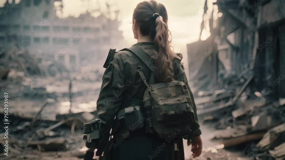 A girl in a military uniform stands in front of the destroyed building ...