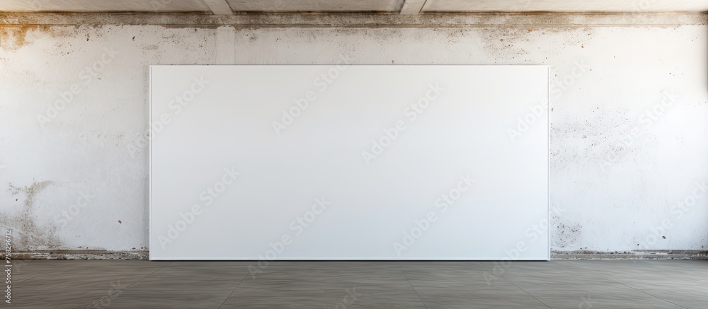 A rectangular whiteboard made of composite material is hanging on a ...