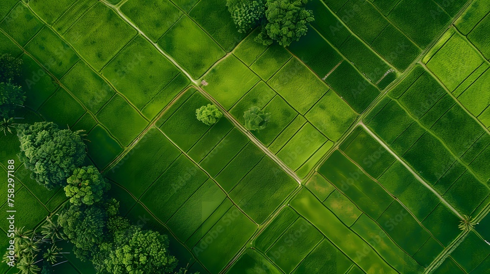 Aerial view of green rice field with trees in Thailand. Above view of ...