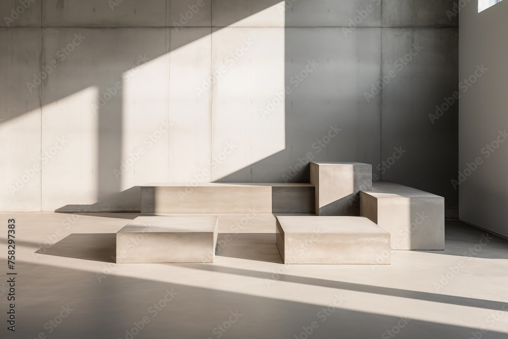 Beige bench placed in the center of a room, creating a podium or ...