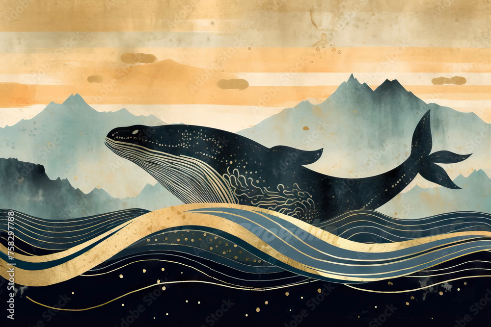 ink gold hand drawn wall decor style colors whale mountains watercolor ...