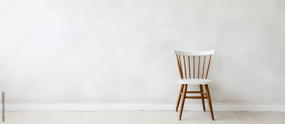 A Windsor chair made of hardwood with a wood stain finish is placed in ...