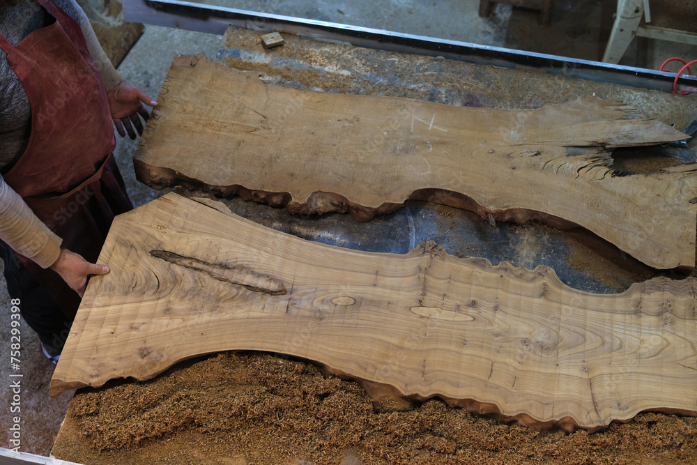 A craftsman admires the natural beauty of a large wood slab. The rich ...