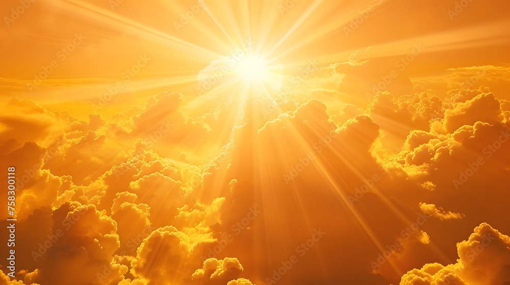 God light. Dramatic golden cloudy sky with sun beam. Yellow sun rays ...