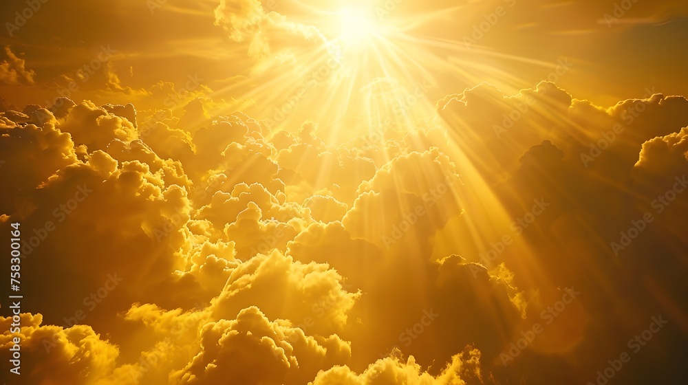 God light. Dramatic golden cloudy sky with sun beam. Yellow sun rays ...