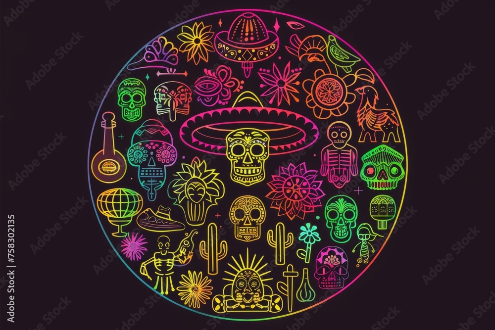 A vibrant illustration of Mexican culture symbols, arranged in an ...