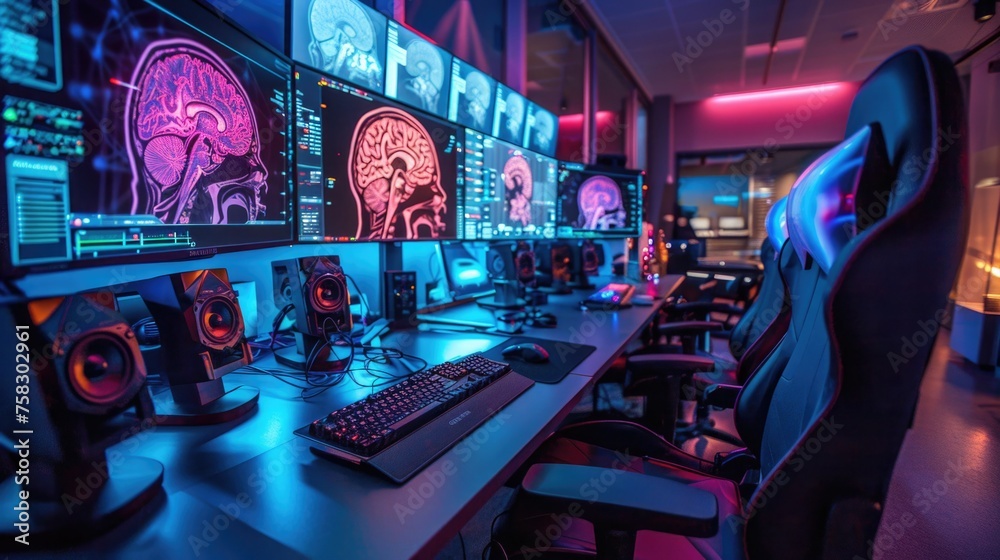 A high-tech brain imaging lab, where researchers are monitoring and ...