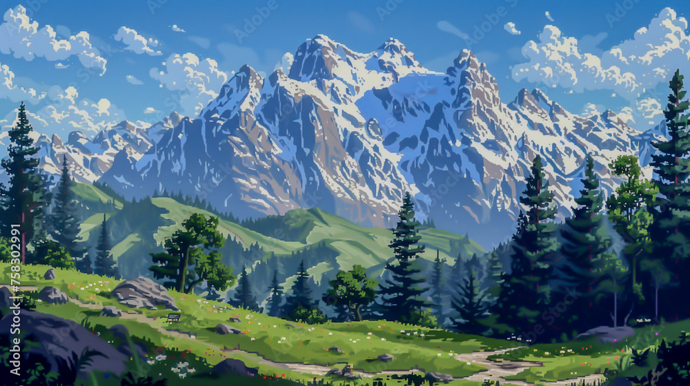Pixel Art Style Majestic Mountain Landscape 2.5d pixel art game Stock ...