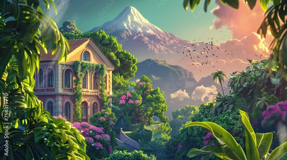 Grand mansion overlooking the towering mountain peaks in the serene ...