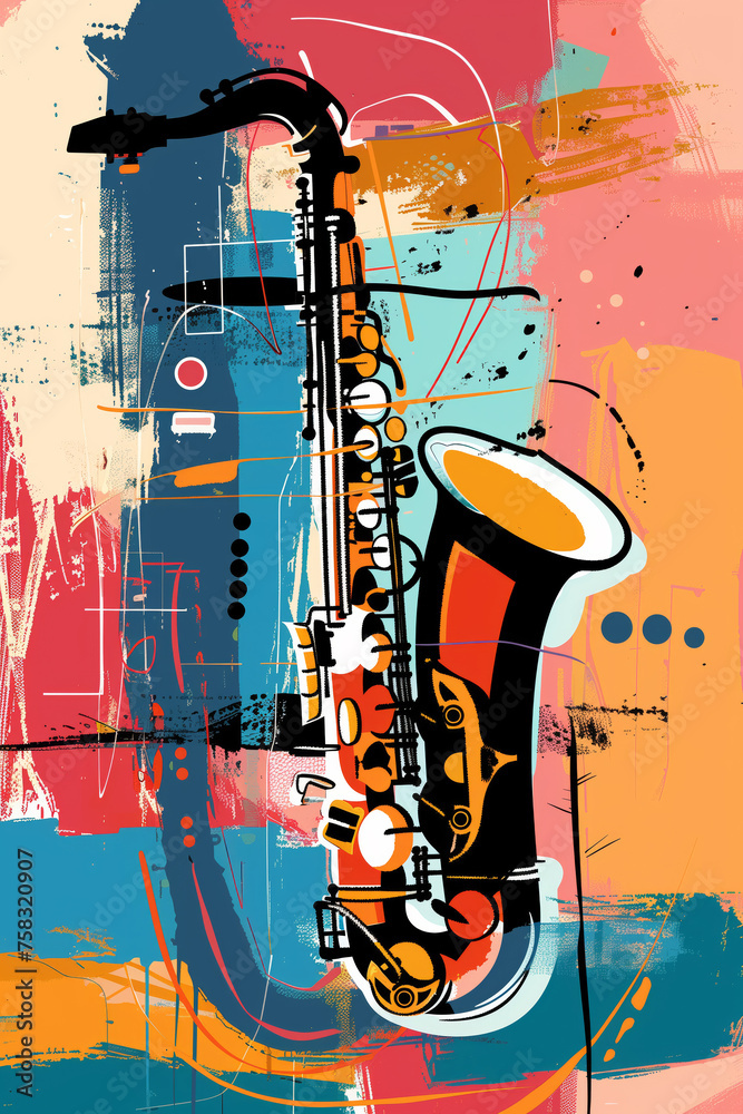 an Abstract Saxophone with bold coloring in a 3/4, side view in a ...