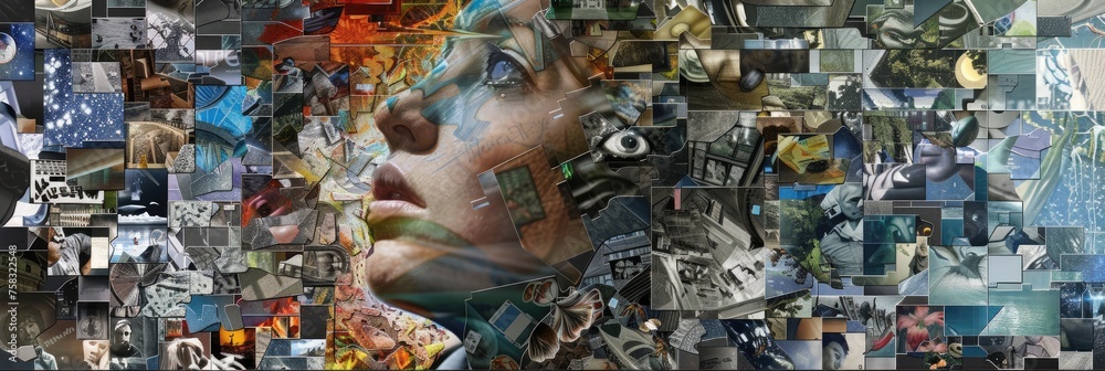 A digital mosaic of fragmented images and textures, assembled into a ...