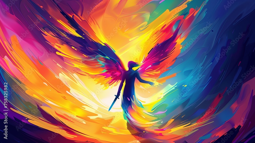 A fallen angel with outstretched wings and a sword in his hand. A ...