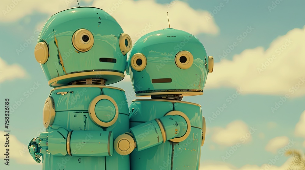 Two robot cyborgs hugging each other. Robots having feelings and ...