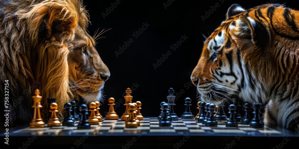 Regal Rivalry: A Lion and Tiger Face Off in a Game of Chess, A Metaphor ...