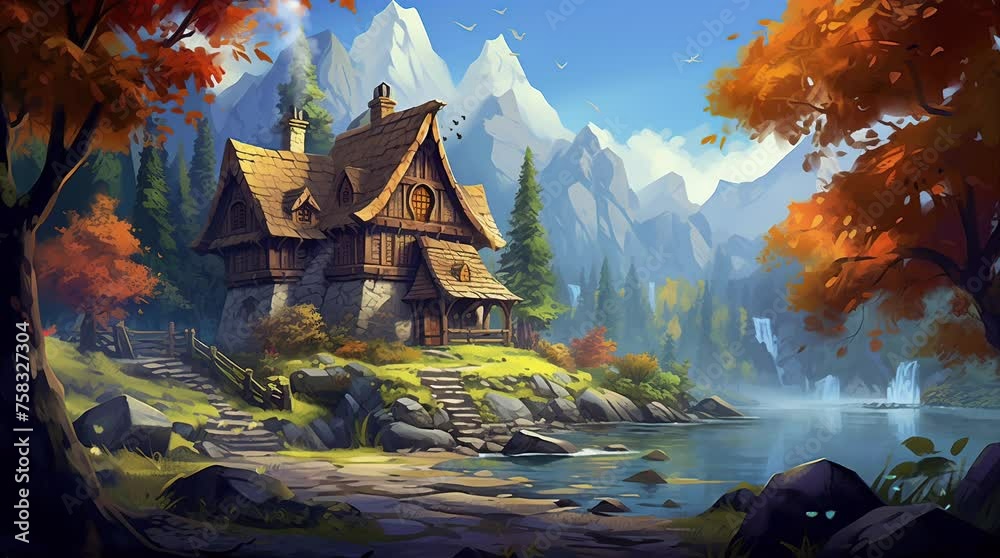 Vidéo Stock Riverside Retreat: A whimsical fantasy house nestled beside ...