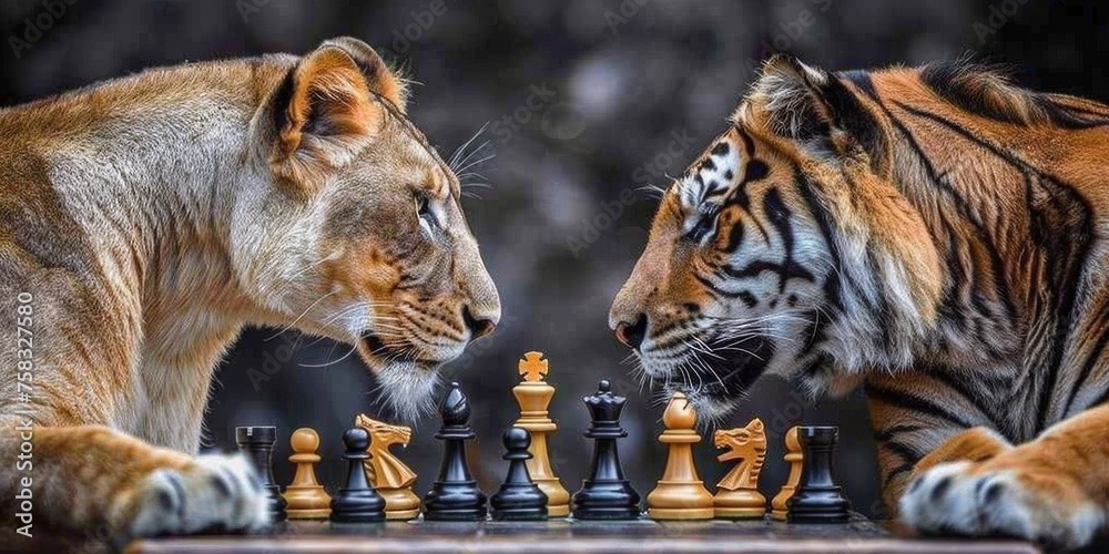 Regal Rivalry: A Lion and Tiger Face Off in a Game of Chess, A Metaphor ...
