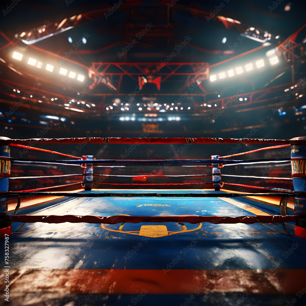 Martial Arts Boxing stage inside a wrestling stadium with spotlights ...