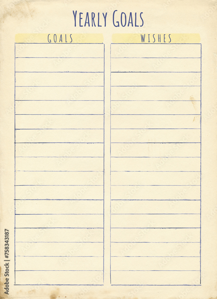 Yearly goals and wishes design. Empty planner blank. Vintage hand ...