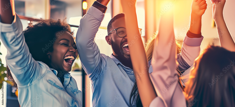 Happy diverse business team celebrating success and having fun all together. Group of cheerful ...