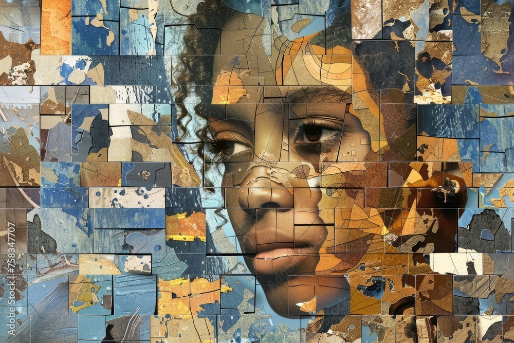 A digital mosaic of fragmented images and textures, assembled into a ...