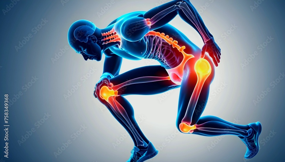 2D Illustration of a running man with painful knee joint highlighted ...
