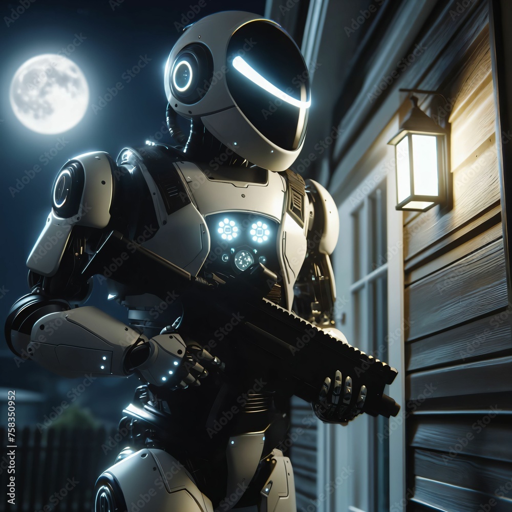 Armed humanoid android security robot standing on guard. Military ...