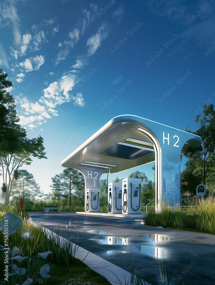A Photo Of A Sleek Modern Hydrogen Fuel Station With Multiple Pumps And ...