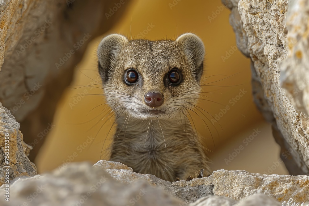 A mongoose darting out of a split open rock, pausing with a startled ...