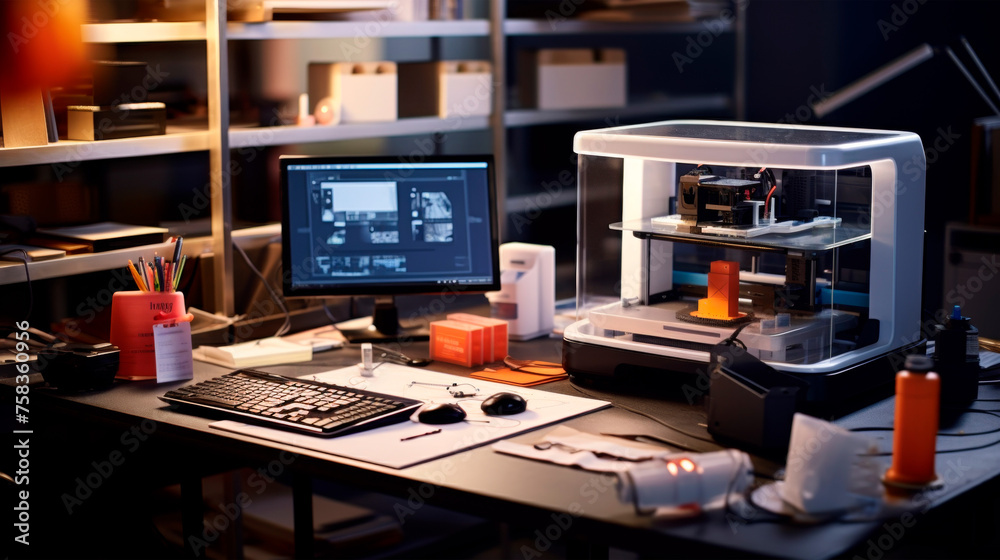 Atop a desk rests a full desktop computer setup, its tower, monitor ...
