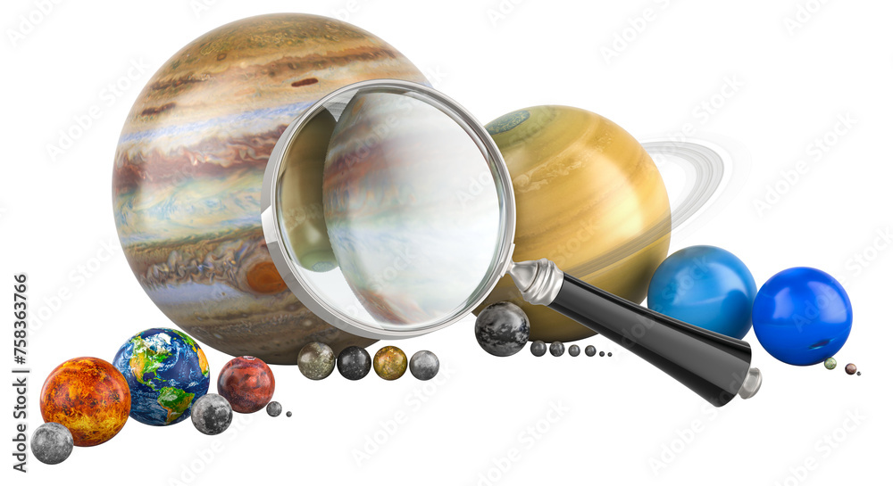 Magnifying glass with planets and satellites of the solar system, 3D ...