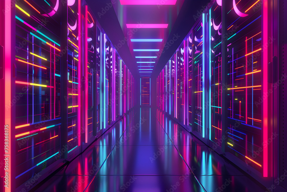 Server racks in data center room. Neon server room for cryptocurrency ...